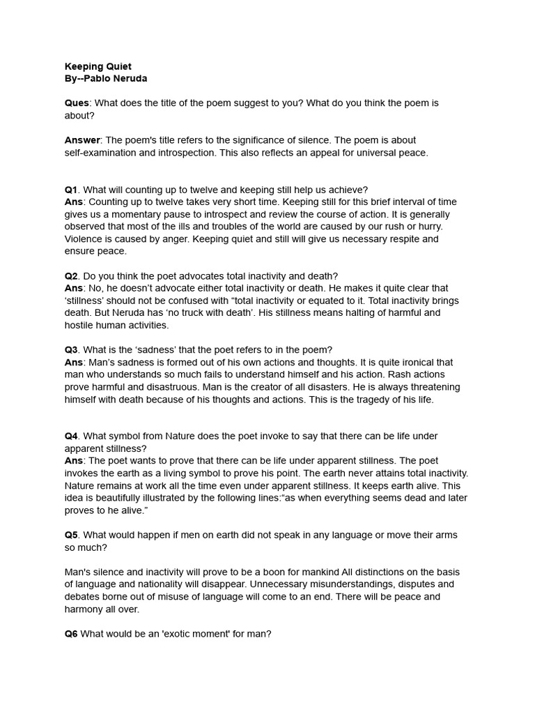 Keeping Quiet Poem, Class 12 | PDF