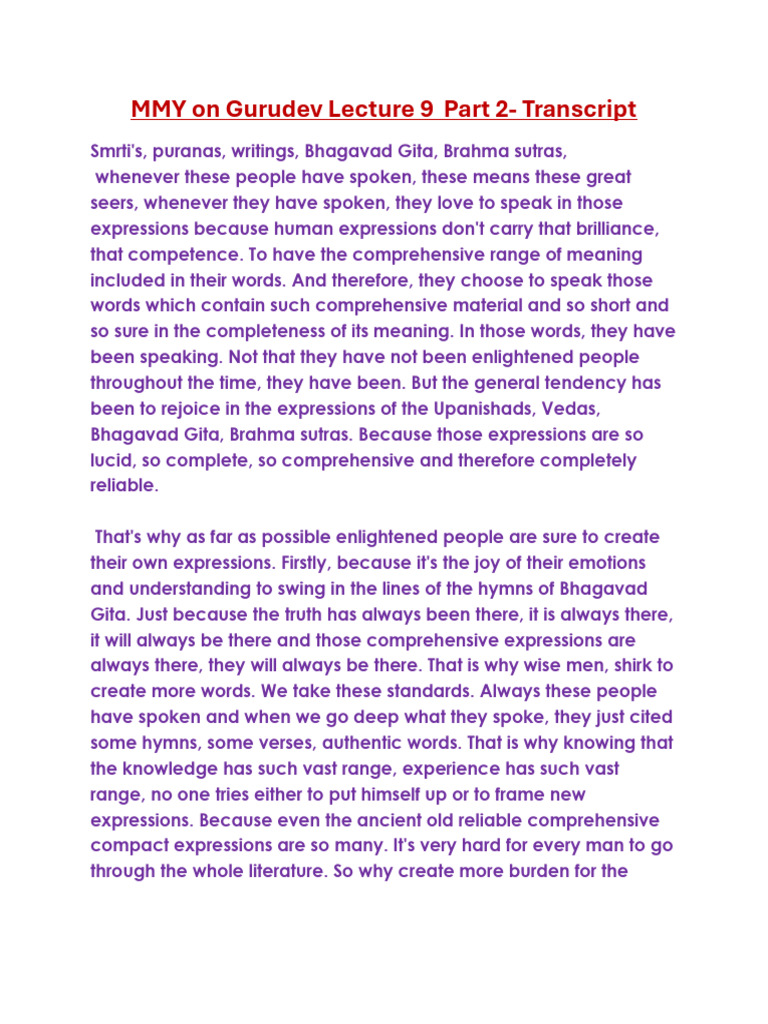 MMY On Gurudev Lecture 9 Part 2 - Tradition of Knowledge - Transcript | PDF | Knowledge | Experience