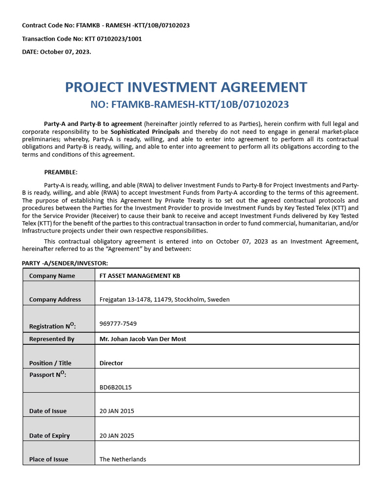 Investment Agreement: KTT Transfer Details | PDF | Breach Of Contract ...