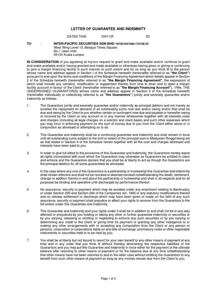 Letter of Guarantee and Indemnity Form | PDF | Guarantee | Liquidation