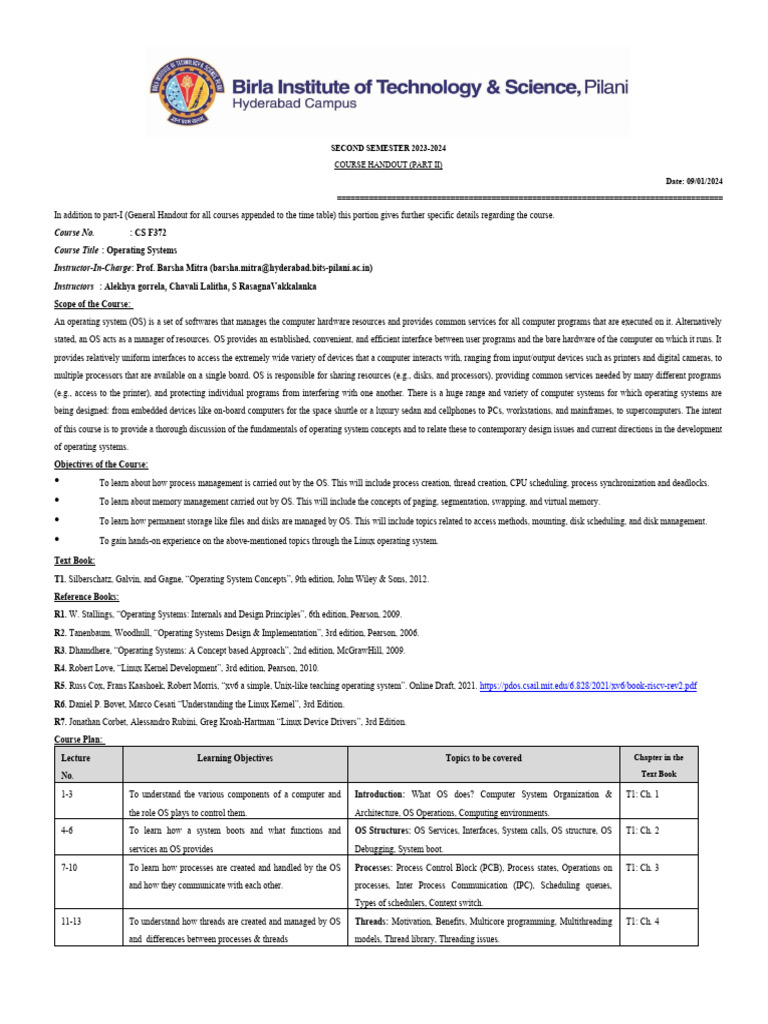 Cs f372 Operating Systems l1 | PDF | Process (Computing) | Thread (Computing)