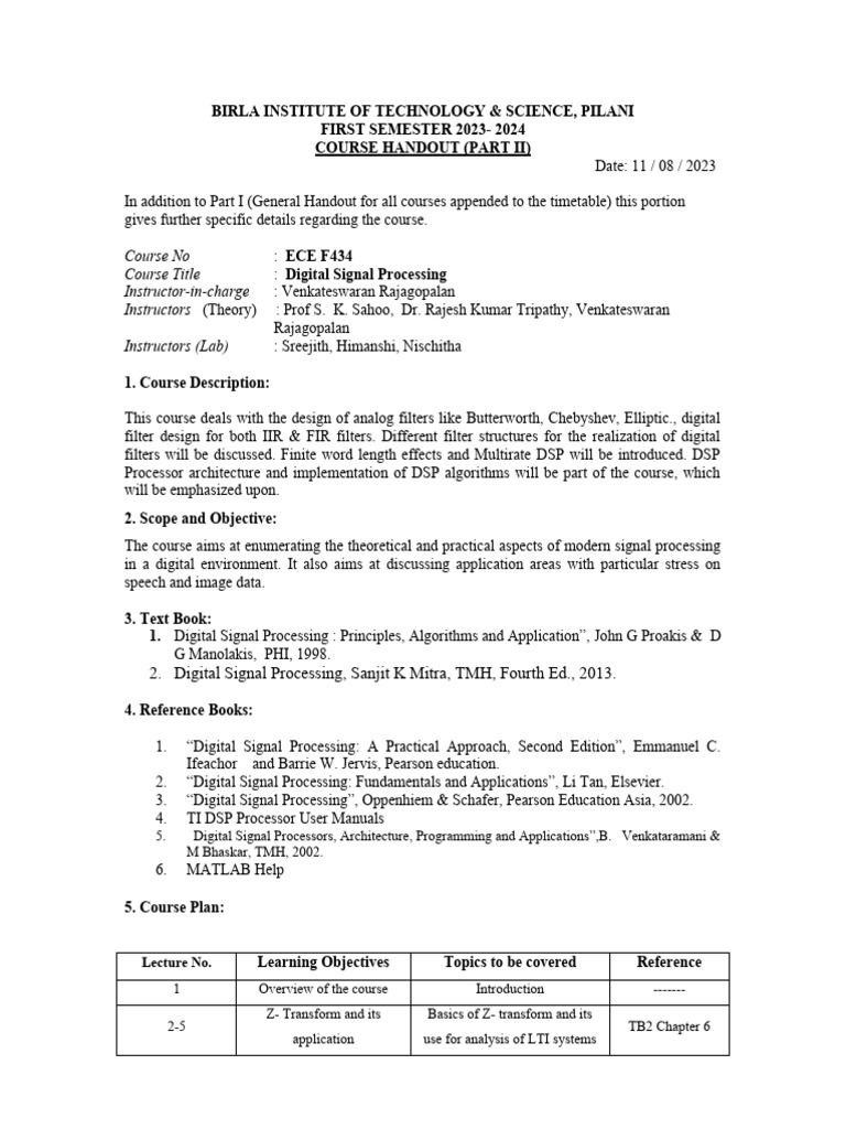 Digital Signal Processing Course Handout | PDF | Digital Signal ...