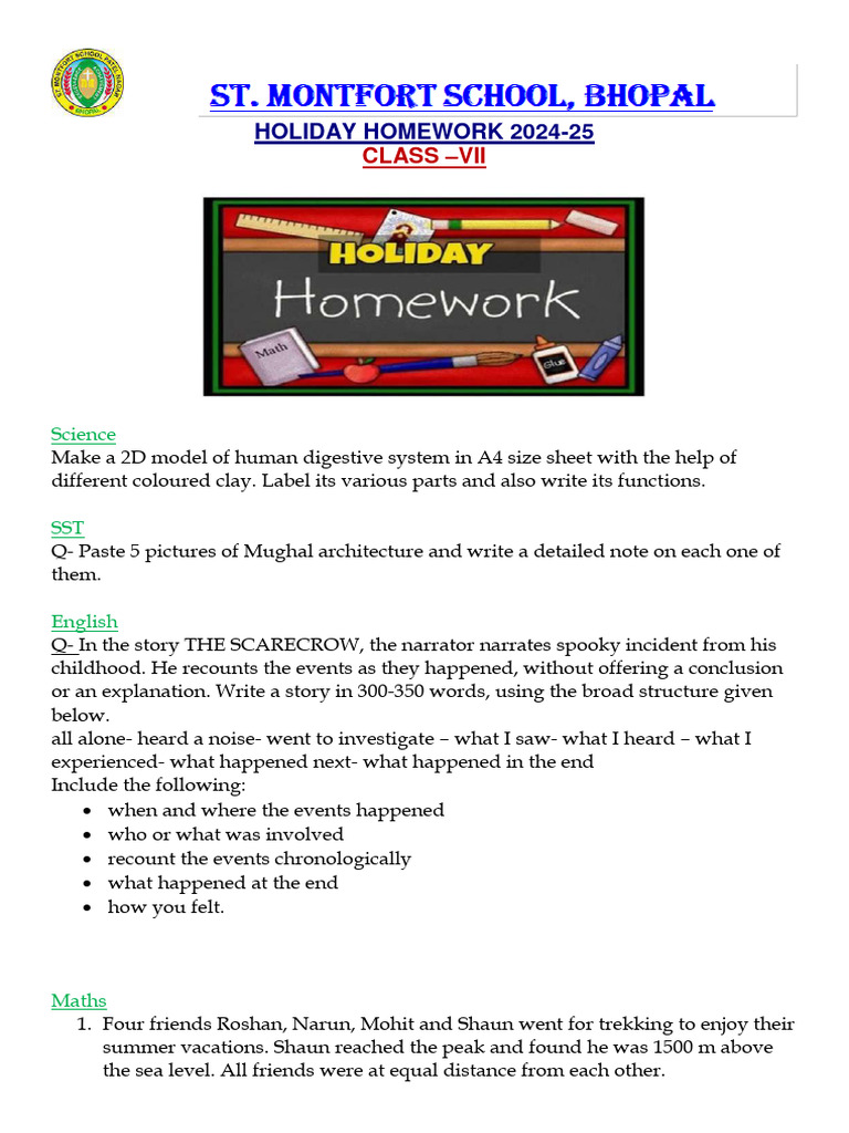 Class VII - Holiday Homework | PDF