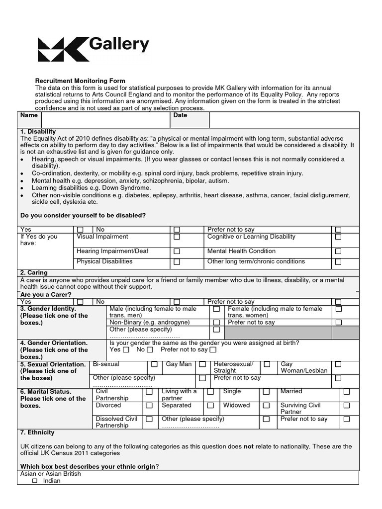 MK Gallery Recruitment Monitoring Form | PDF | Disability | Mental Disorder