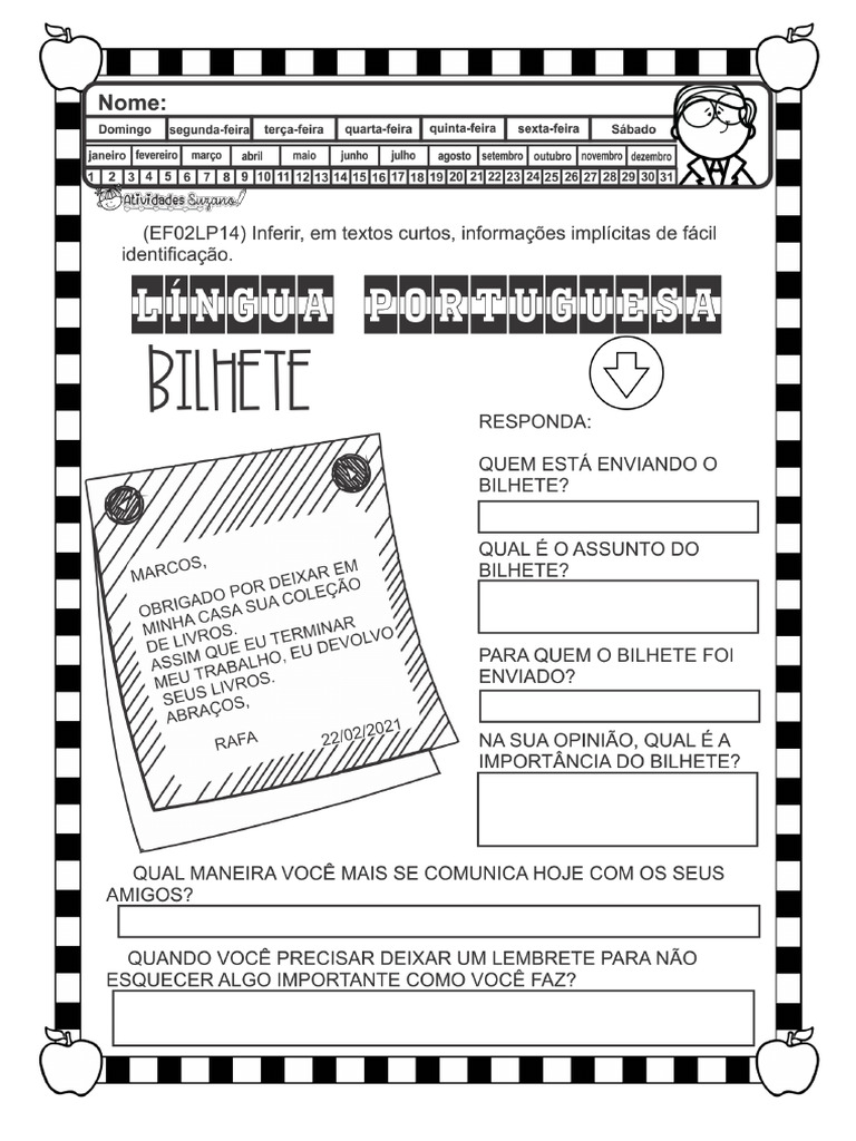 Bilhete 2º Ano Atividades Suzano | PDF