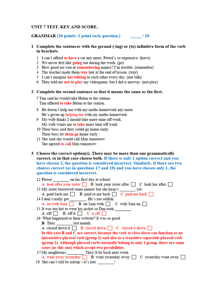 UNIT 7 TEST.KEY | PDF | Linguistic Morphology | Syntax