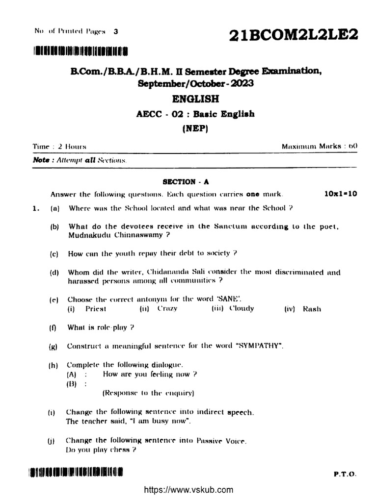 Bcom Bba BHM 2 Sem English Basic English 21bcom2l2le2 Oct 2023 | PDF