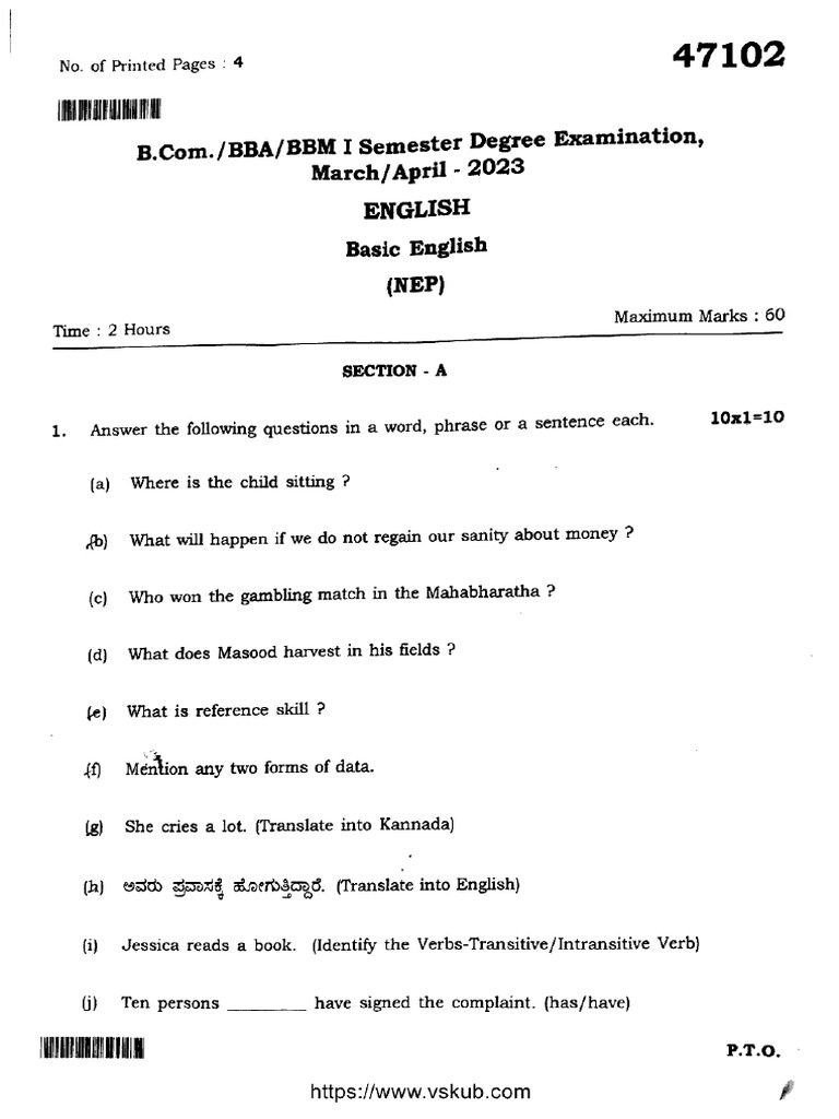 Bcom Bba Bbm 1 Sem English Basic English 47102 Apr 2023 | PDF