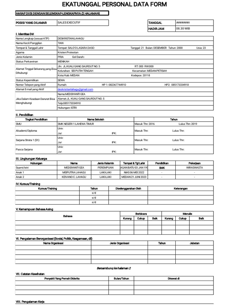 Ekatunggal Personal Data Form | PDF