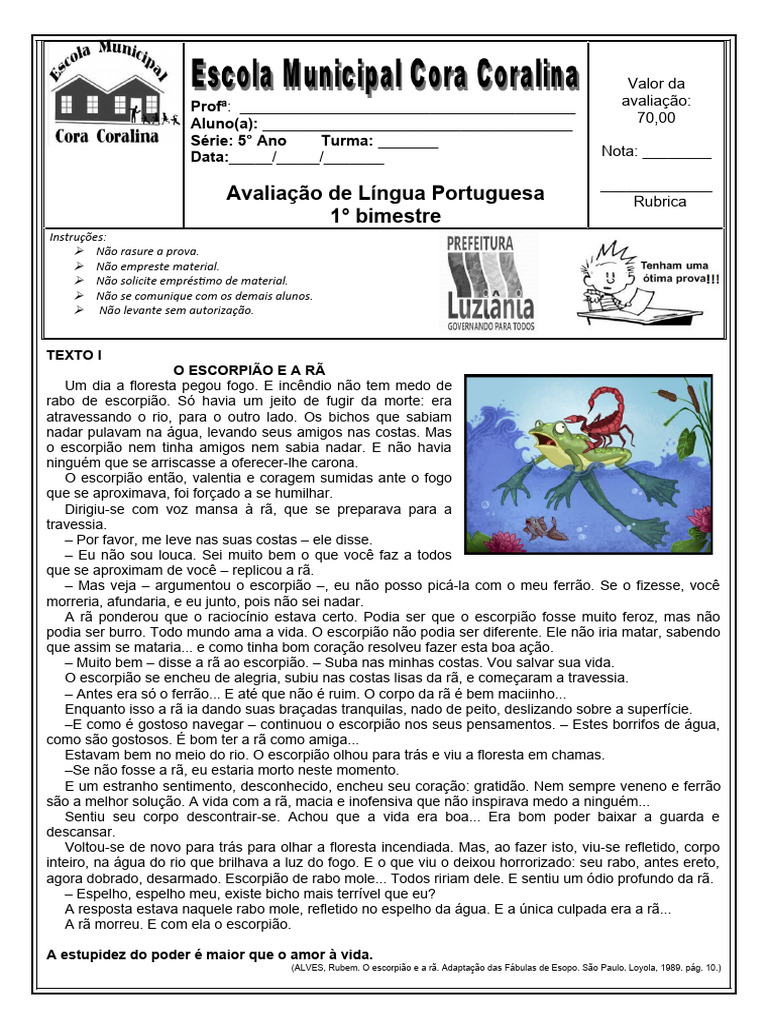 Avaliação de Portugues 1b 2019-1 | PDF | Coccinellidae