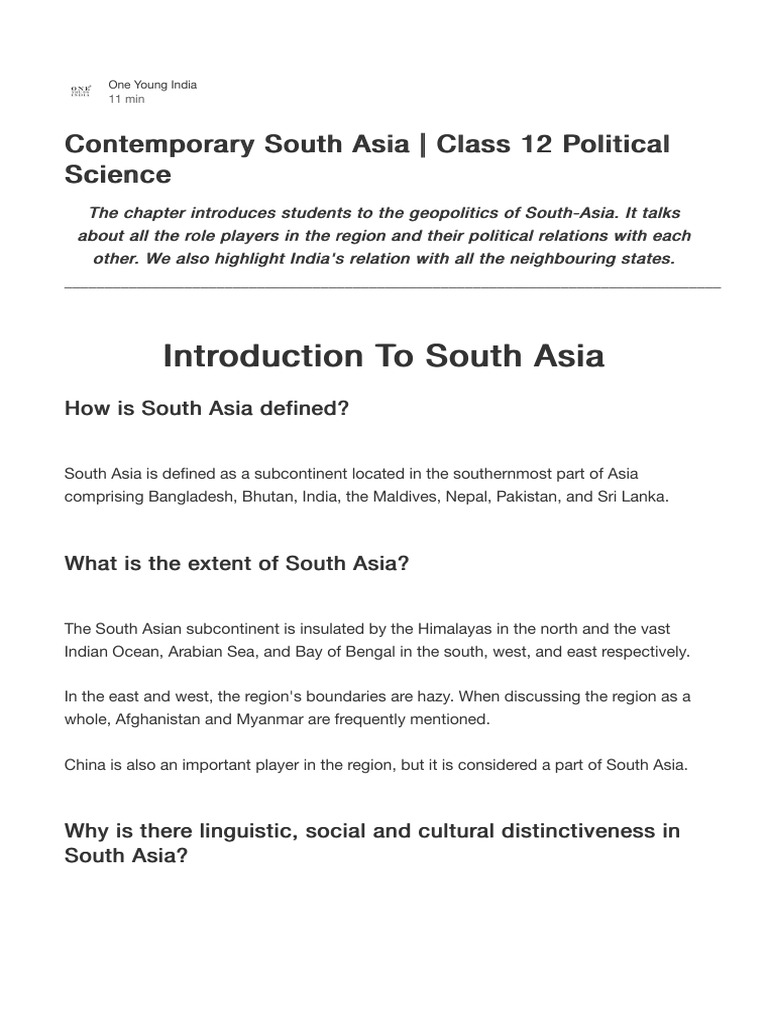 Contemporary South Asia | Class 12 Political Science | UPSC General ...