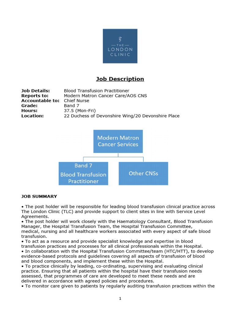 Blood Transfusion Practitioner Band 7 (Job Spec) V2023 | PDF | Blood Transfusion | Hospital