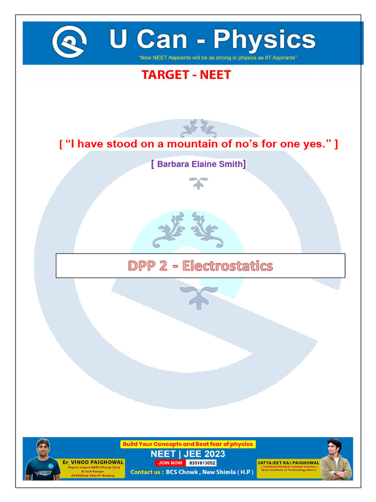 DPP 2 Electrostatics Neet Jee Mains 2023 | PDF | Electronvolt | Sphere