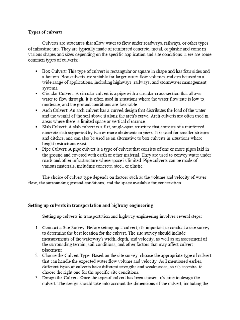Types of Culverts PSM | PDF | Road | Pipe (Fluid Conveyance)