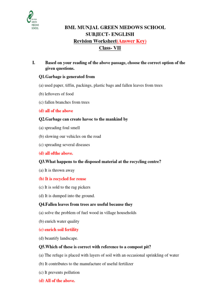 Class Vii Answer Key Revision Worksheet | PDF | Waste | Recycling