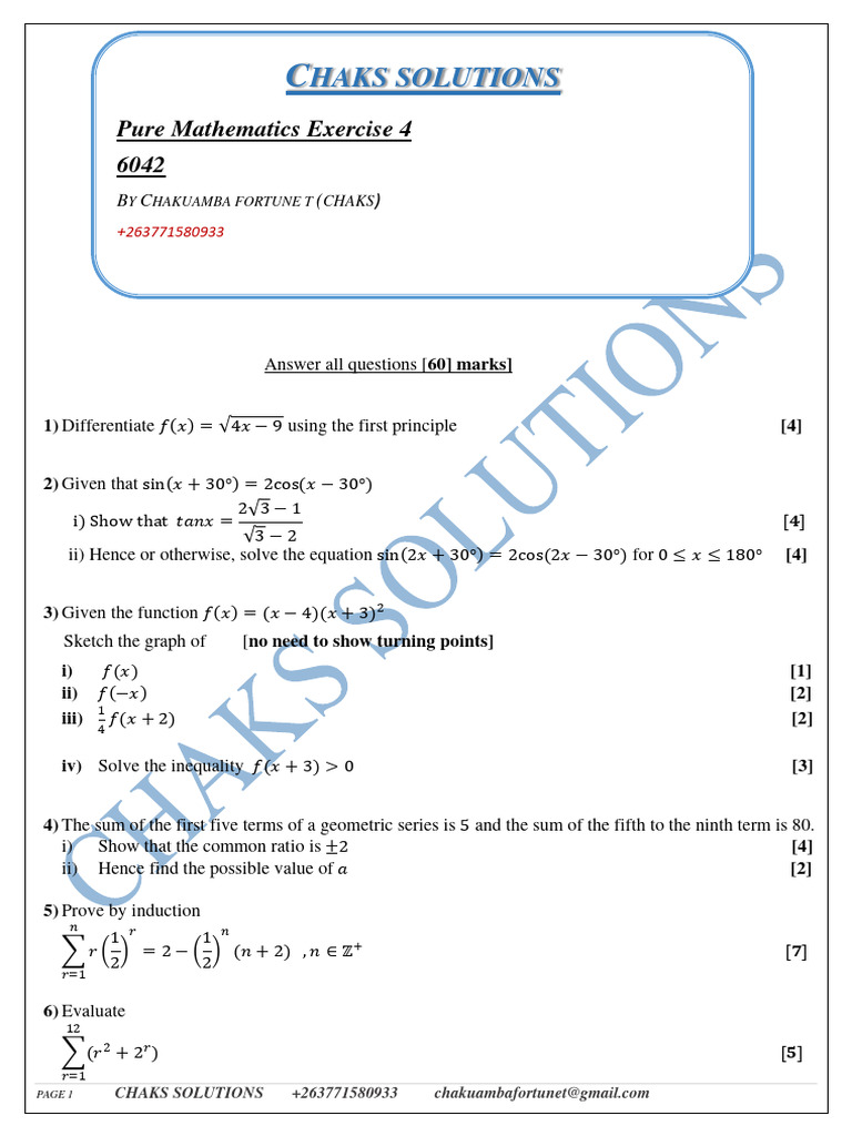 Exercise 4 Chaks Pure Mathematics | PDF | Equations | Function (Mathematics)