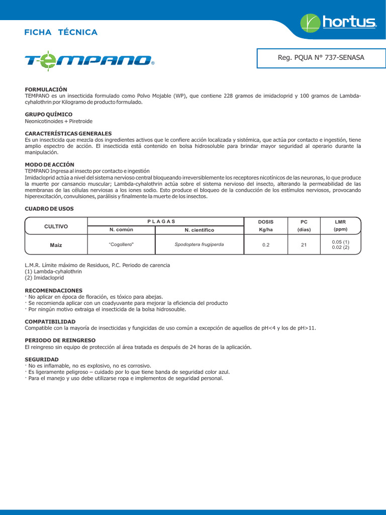 Insecticida TEMPANO: Ficha Técnica y Uso | PDF | Insecticida | Sistema ...