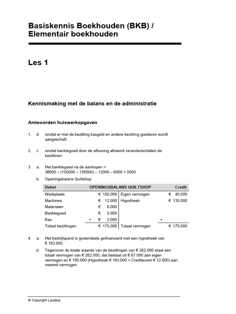 Les 01 BKB-Elementair Boekhouden Antw | PDF