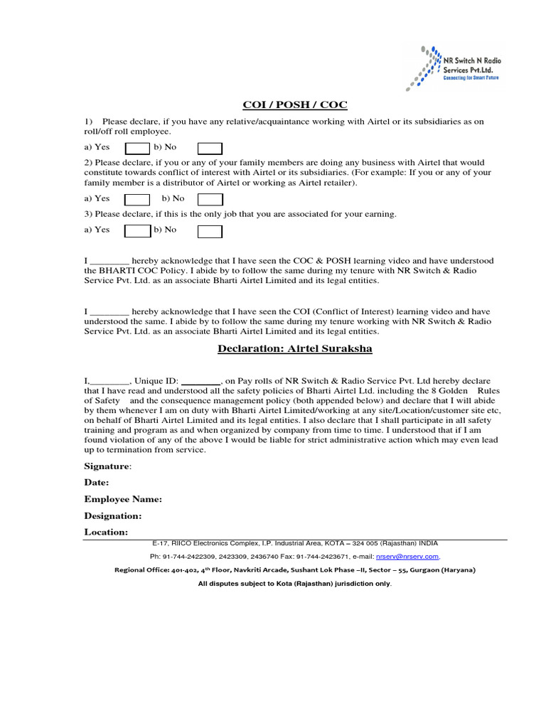 Coi - Posh - Coc - Airtel Form | PDF | Business | Technology & Engineering