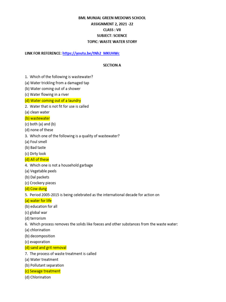 Class 7 Science Waste Water Story Assignment 2 | PDF | Sewage Treatment ...