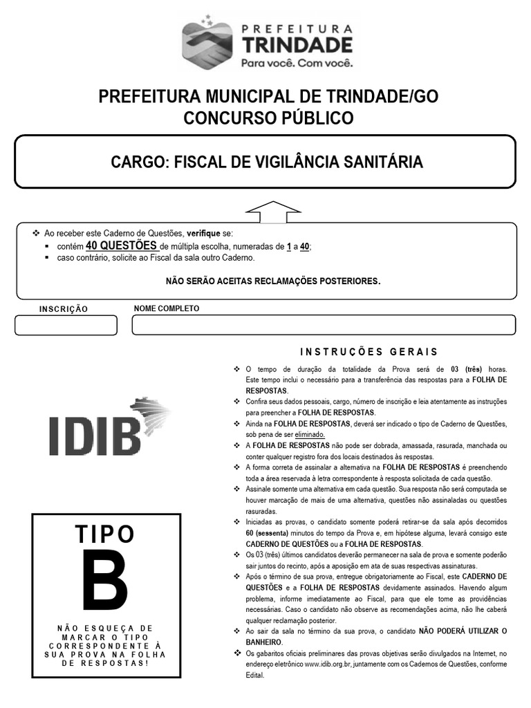prova IDIB FISCAL SANITARIO - trindade 2023 | PDF | Desperdício