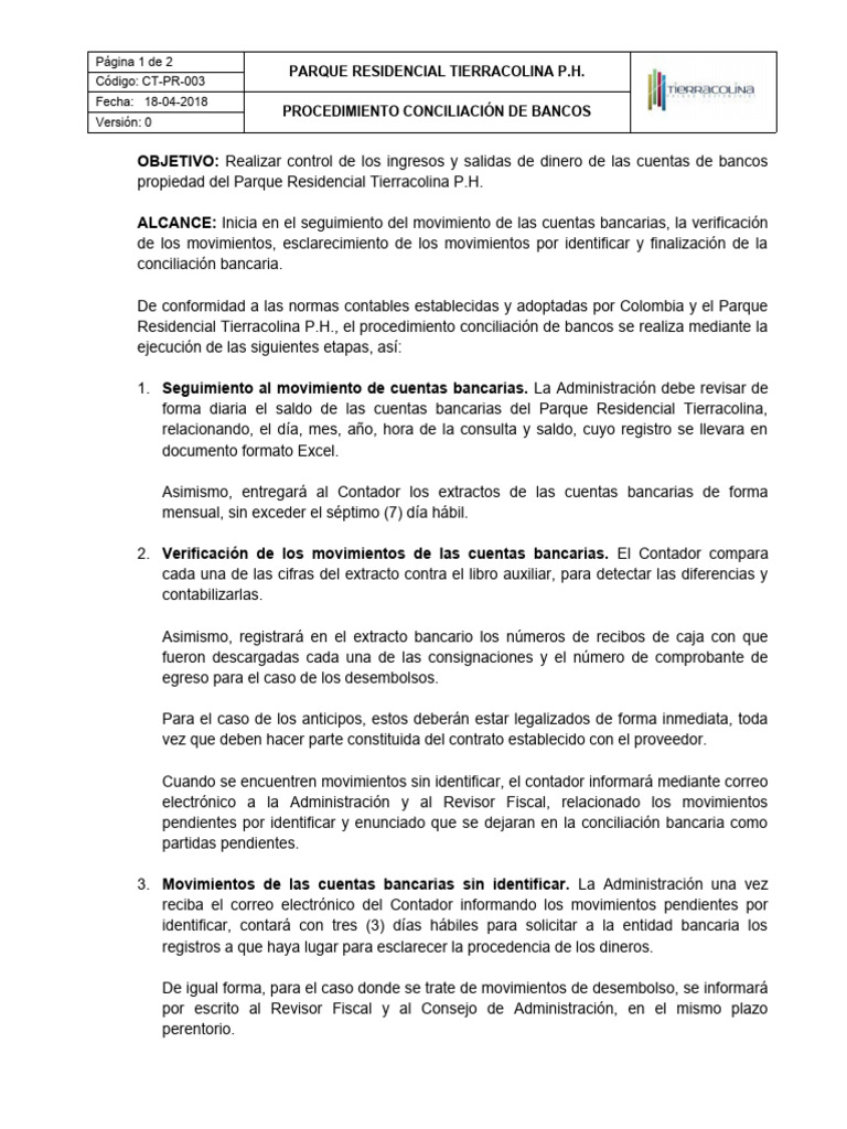 CT-PR-003 Procedimiento Conciliación de Bancos (2) - Copia | Descargar ...