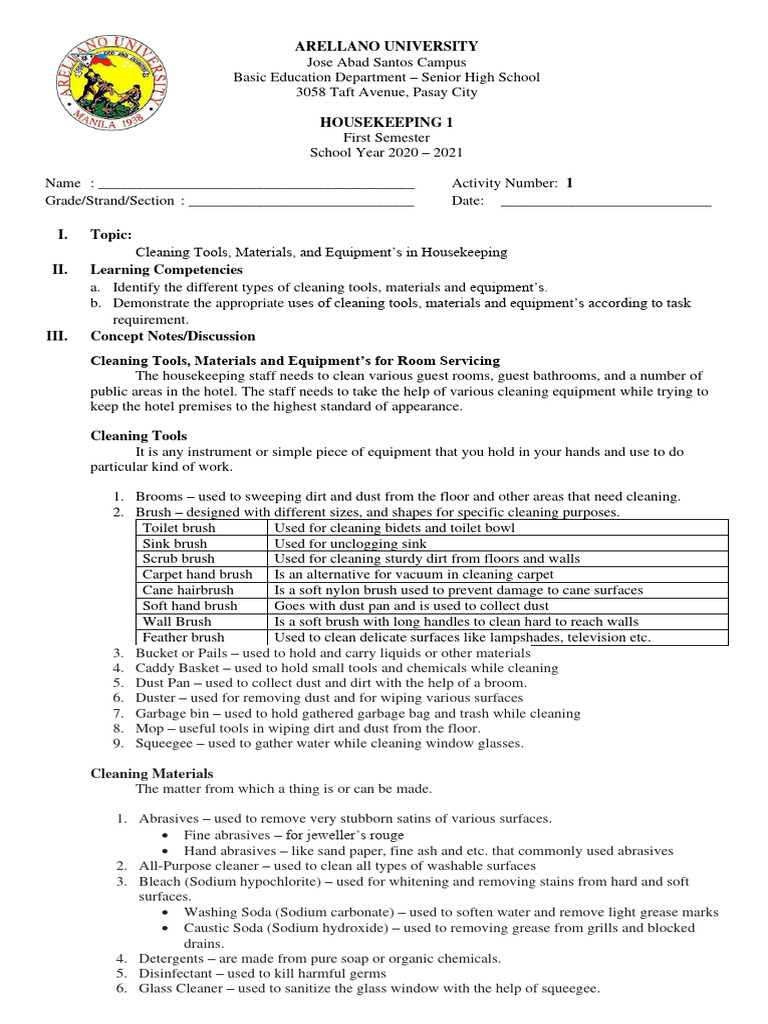 DLP 1 Cleaning Materials Tools and Equipment 2 | PDF | Housekeeping | Brush