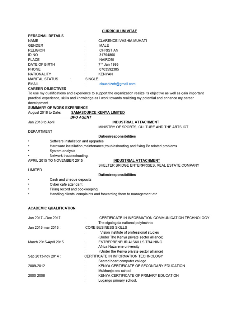 CLARENCE CV | PDF | Kenya | Information And Communications Technology