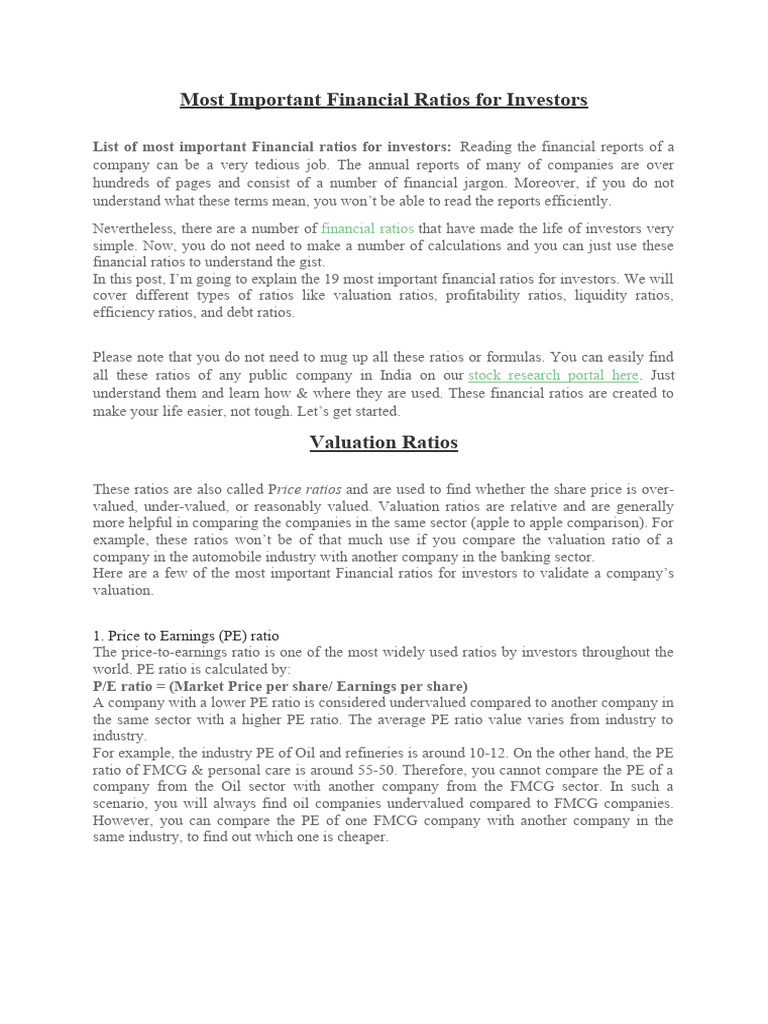 Most Important Financial Ratios For Investors | PDF | Book Value ...