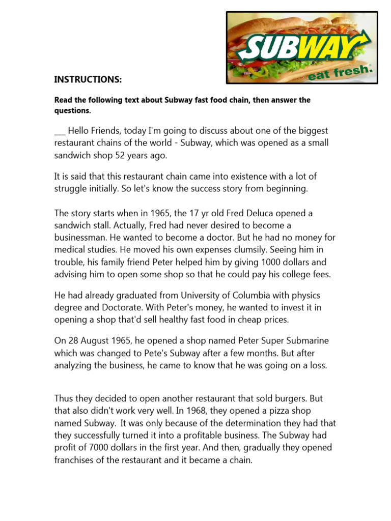 Subway Text and Questions | PDF | Fast Food