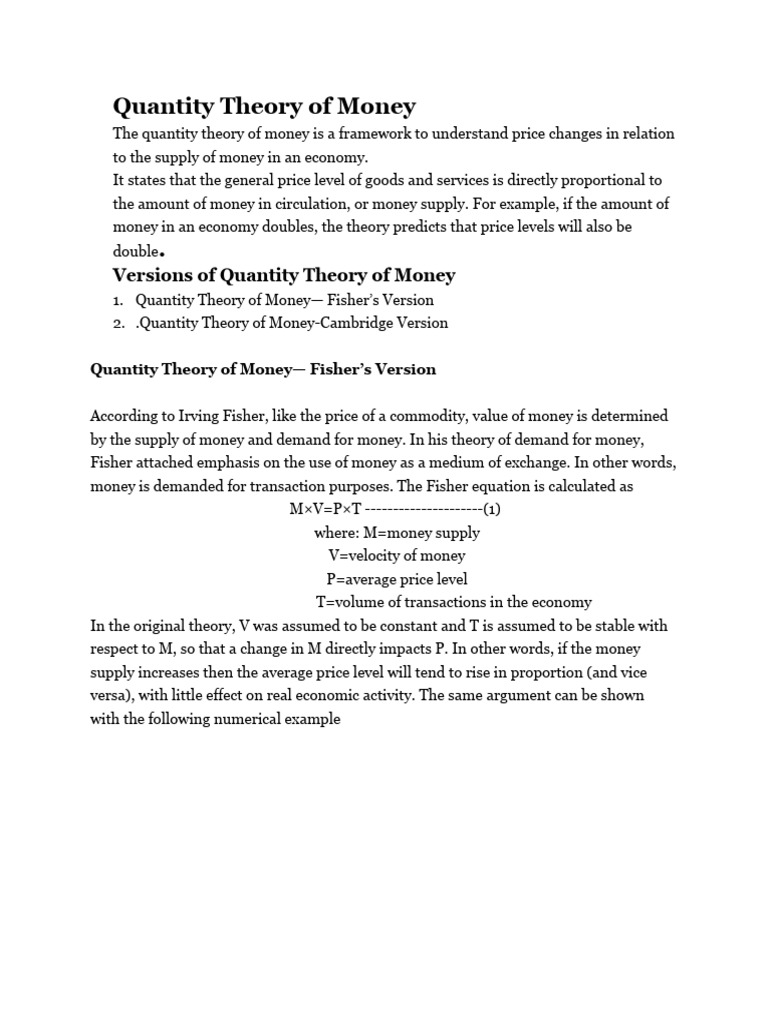 Fisher's Quantity Theory of Money Explained | PDF | Quantity Theory Of ...