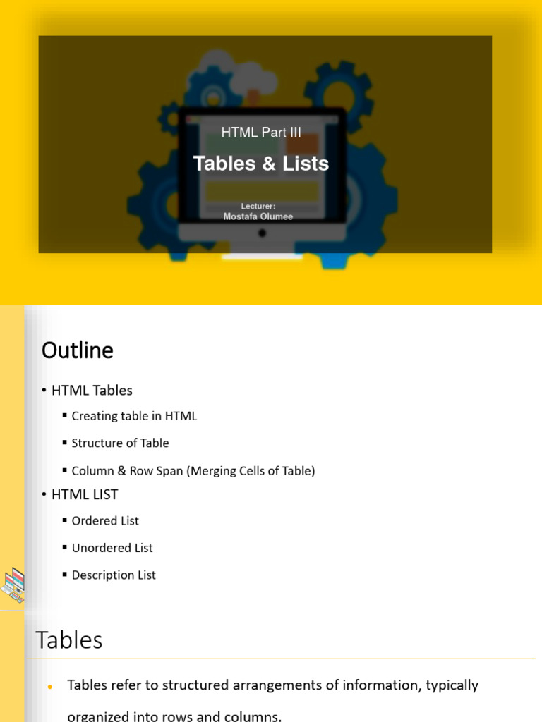 Lecture 05 HTML Tables and Lists | PDF | Html Element | Html Lecture 05 HTML Tables and Lists | PDF | Html Element | Html