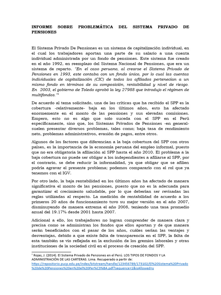 Informe Sobre Problemática Del Sistema Privado de Pensiones | PDF | Pensión | Perú