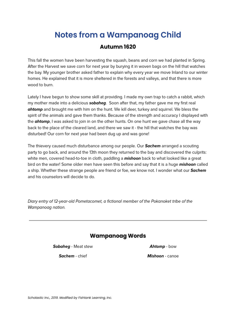 Wampanoag Life and Ahtomp Skills | PDF