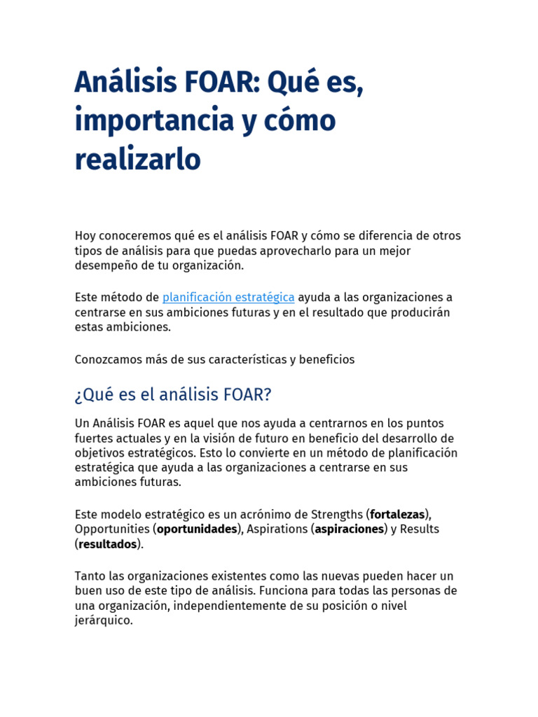 Análisis FOAR | PDF | Análisis FODA | Planificación estratégica