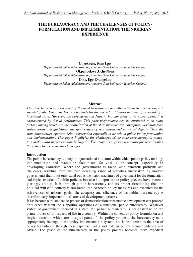 The Bureaucracy and The Challenges of Policy-Formulation and Implementation: The Nigerian ...