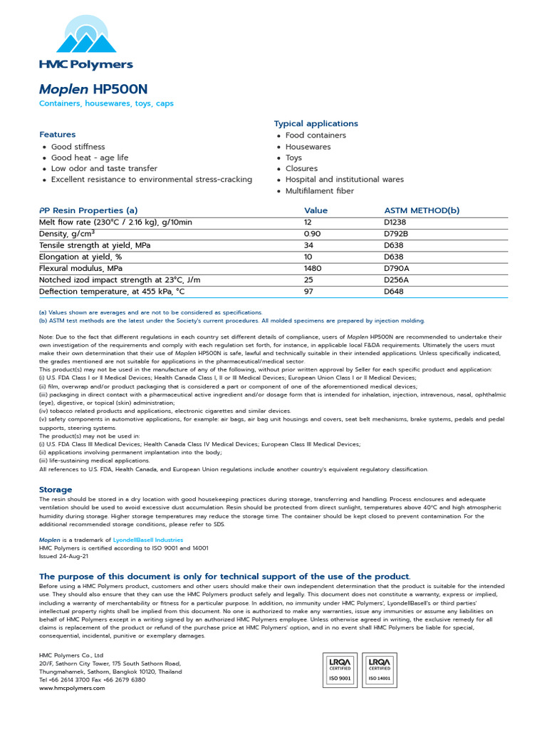 Moplen HP500N | PDF | Medical Device | Food And Drug Administration