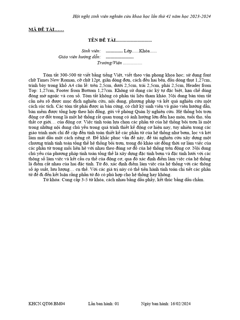 KHCN - QT06.BM04 - Tom Tat Cong Trinh NCKHSV | PDF