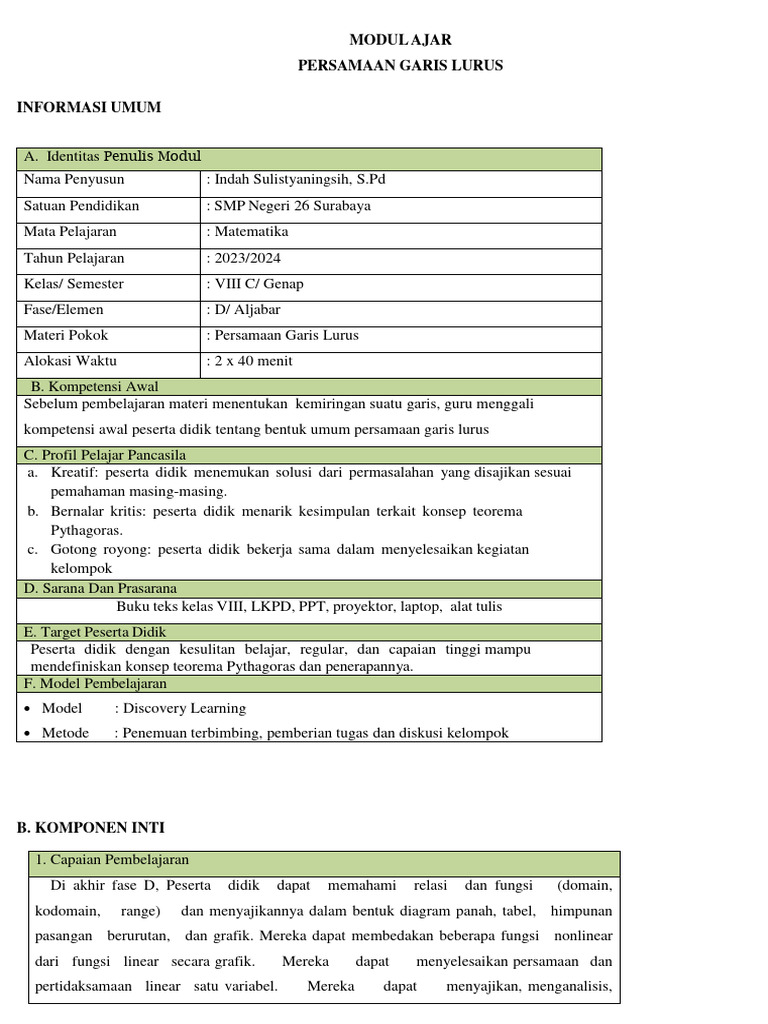 MODUL AJAR MENENTUKAN GRADIEN GARIS LURUS KELAS VIII | PDF