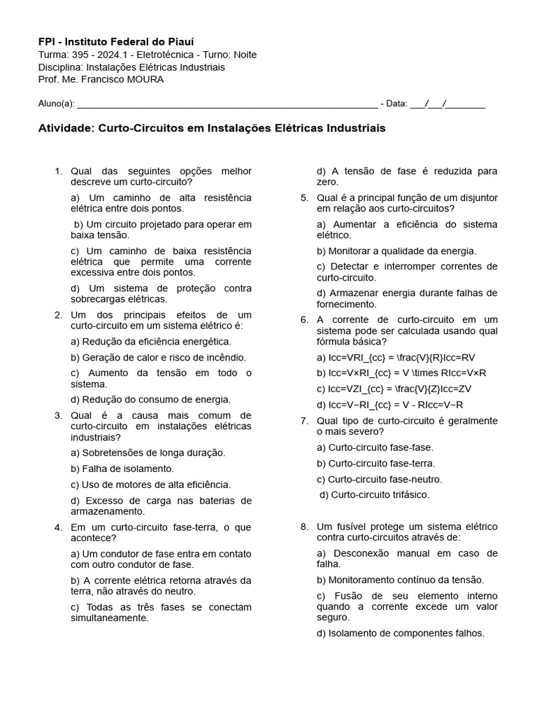 Curto-circuito-atividade | PDF | Energia elétrica | Eletromagnetismo