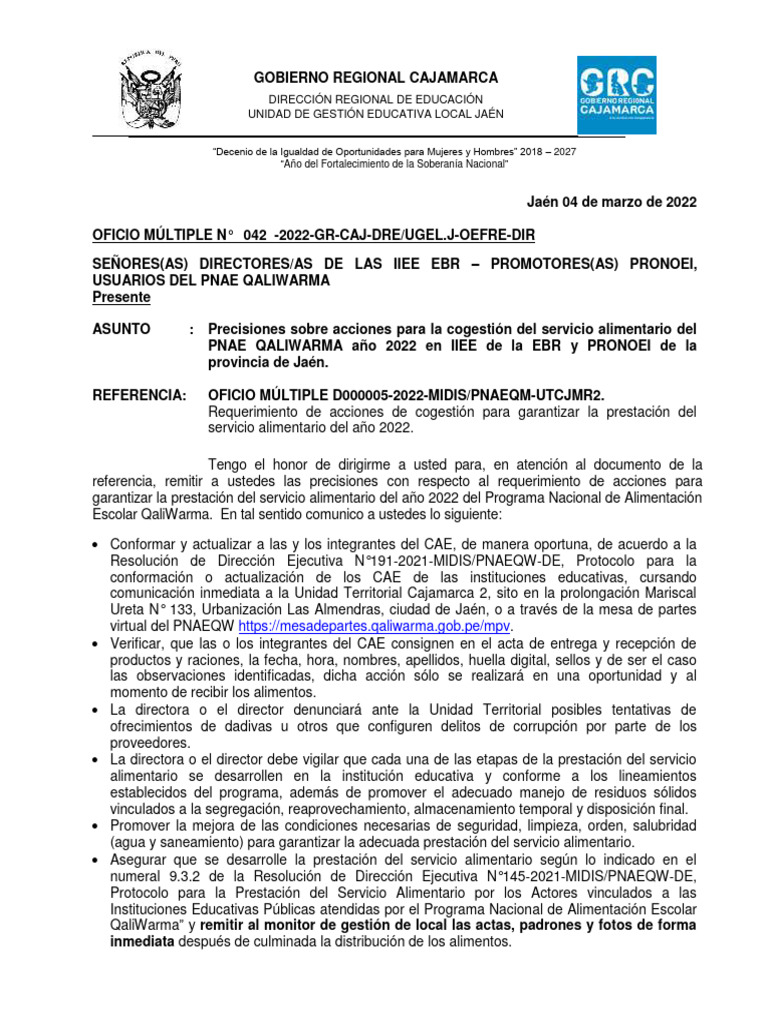 Oficio Múltiple 042-2022 PRECISIONES QALIWARMA | PDF