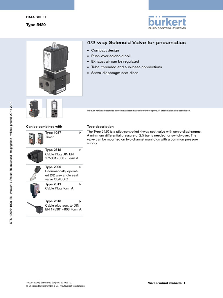 Solenoid Burkert Type 5420 | PDF | Valve | Inductor