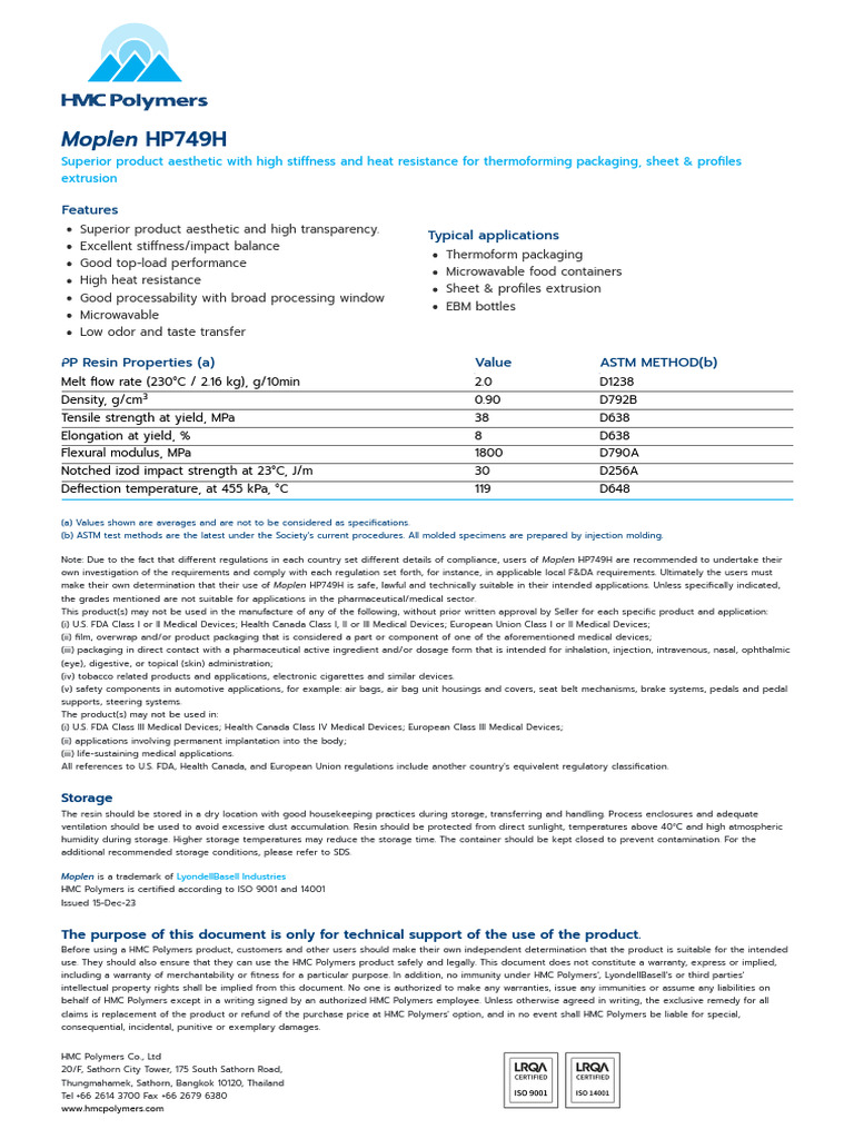 Moplen HP749H | Download Free PDF | Medical Device | Food And Drug ...