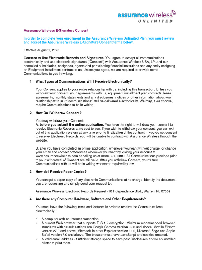 Assurance Wireless E-Signature Consent Form | PDF | Internet Access ...
