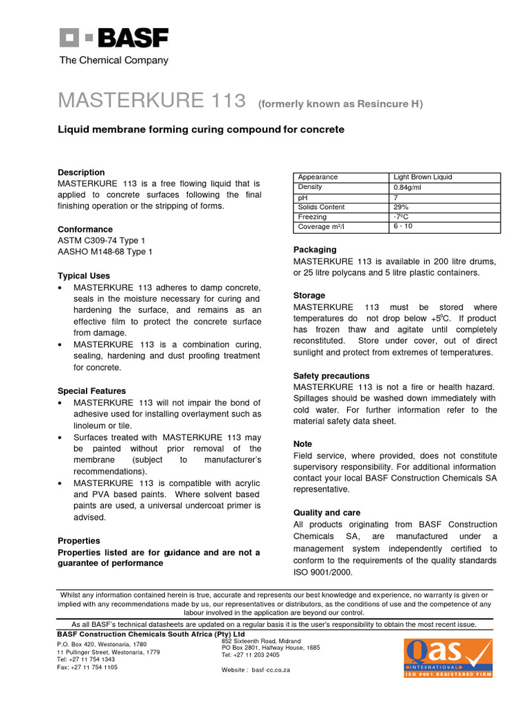 Masterkure 113 - TDS - 07 | PDF | Concrete | Adhesive