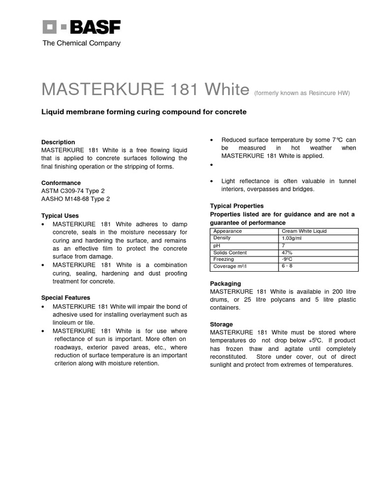 Masterkure 181 White - TDS - 07 | PDF | Concrete | Liquids