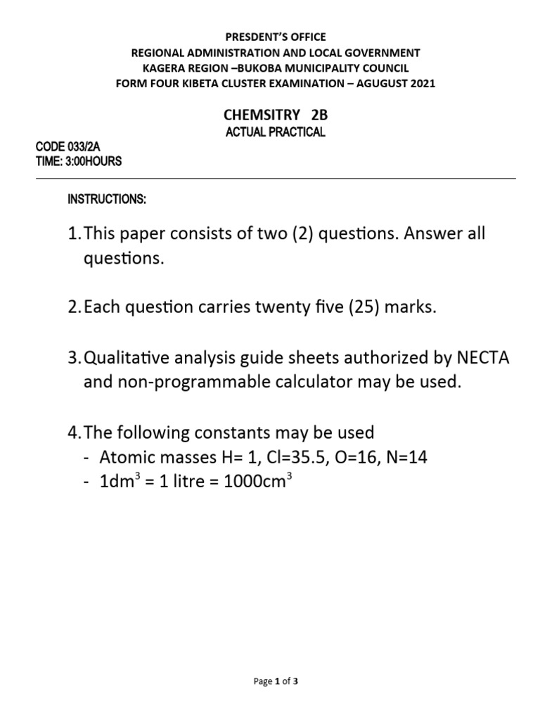 Kibeta Cluster Chem 2b | PDF | Titration | Chemistry