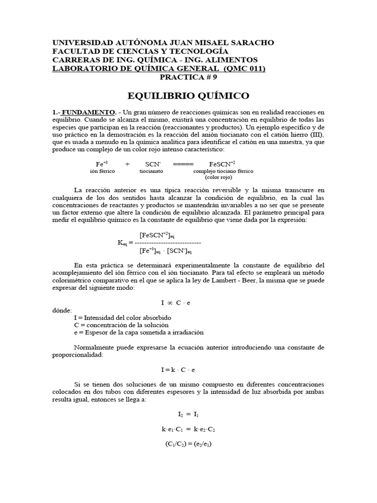 Laboratorio N 8 - Equilibrio Químico - 2023 | PDF | Equilibrio químico | Química analítica