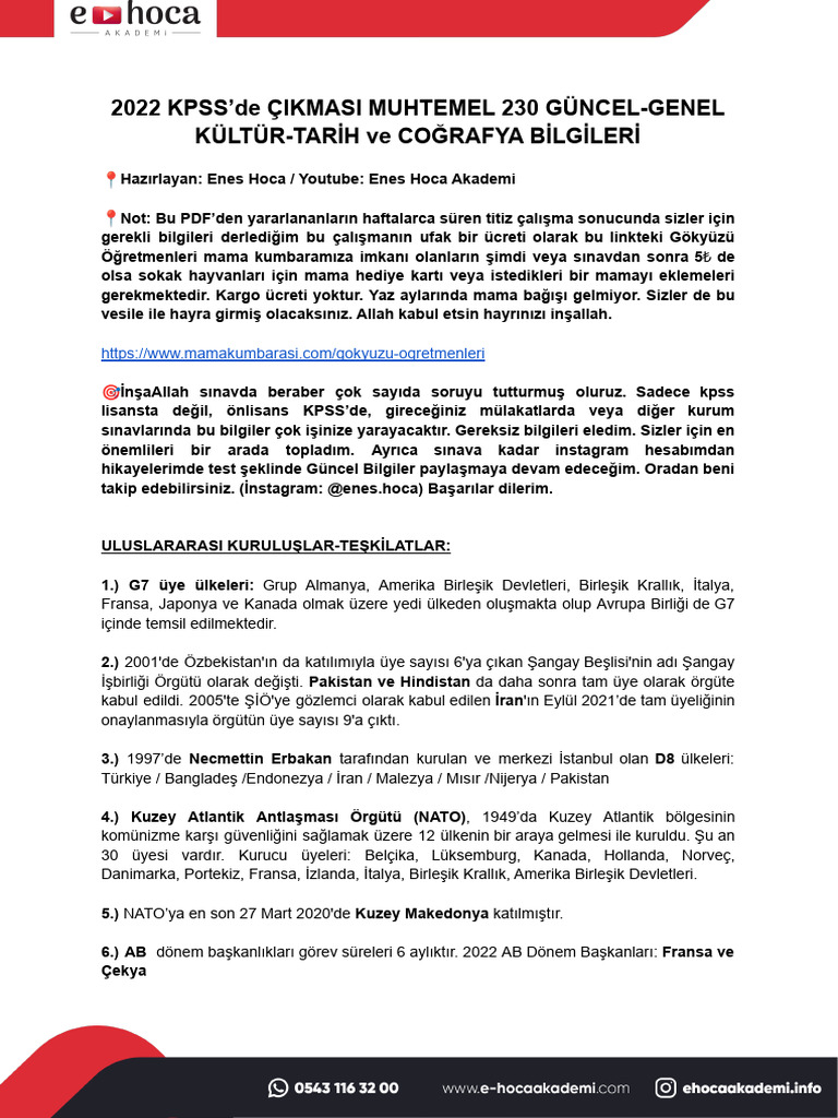 2022 Kpssde Cikmasi Muhtemel 230 Guncel Genel Kultur Tarih Ve Cografya Bilgileri | PDF