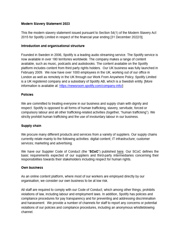 Spotify Modern Slavery Statement 2023 | PDF | Labour Law | Employment Spotify Modern Slavery Statement 2023 | PDF | Labour Law | Employment